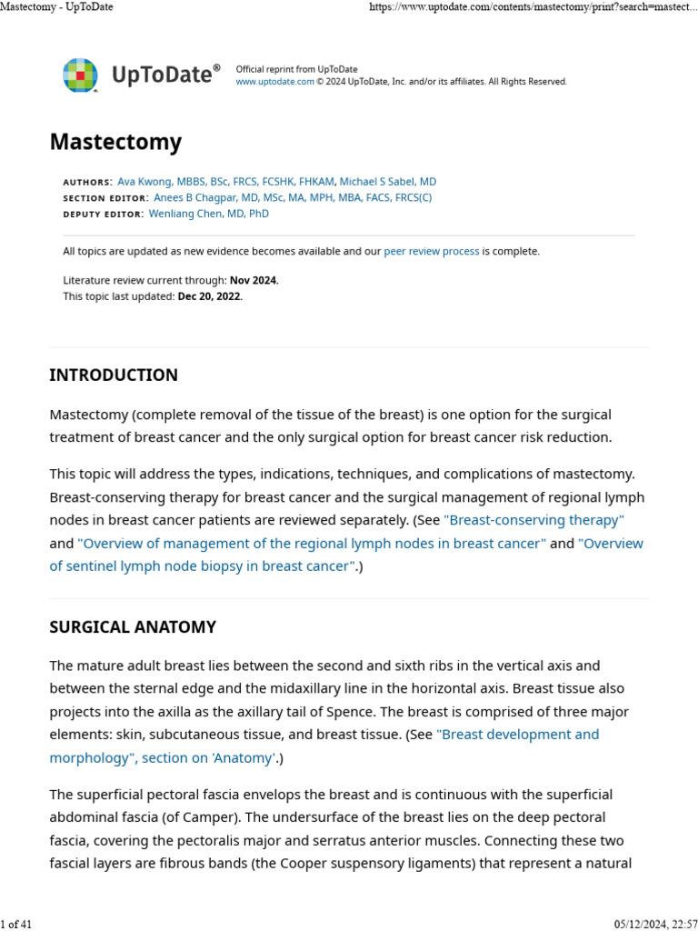 Mastectomy - UpToDate | PDF | Mastectomy | Breast Cancer