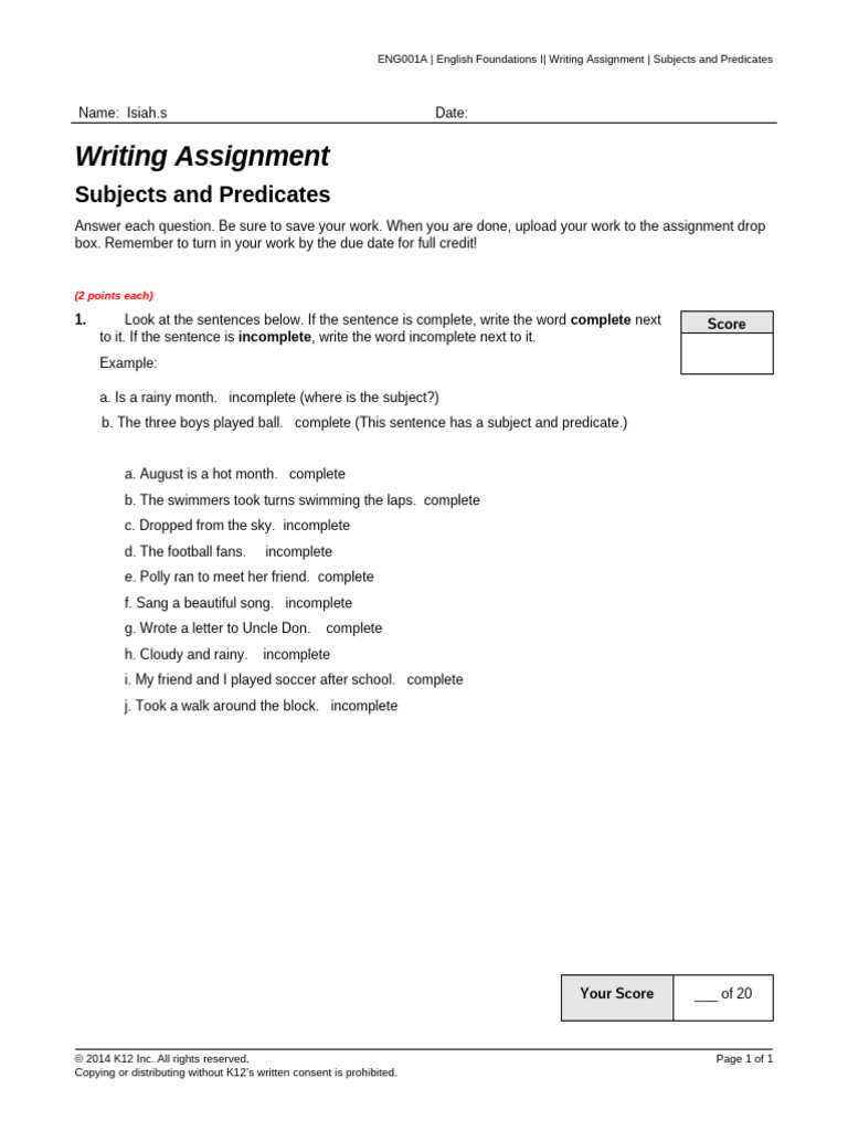 Writing Assignment: Subjects and Predicates | PDF