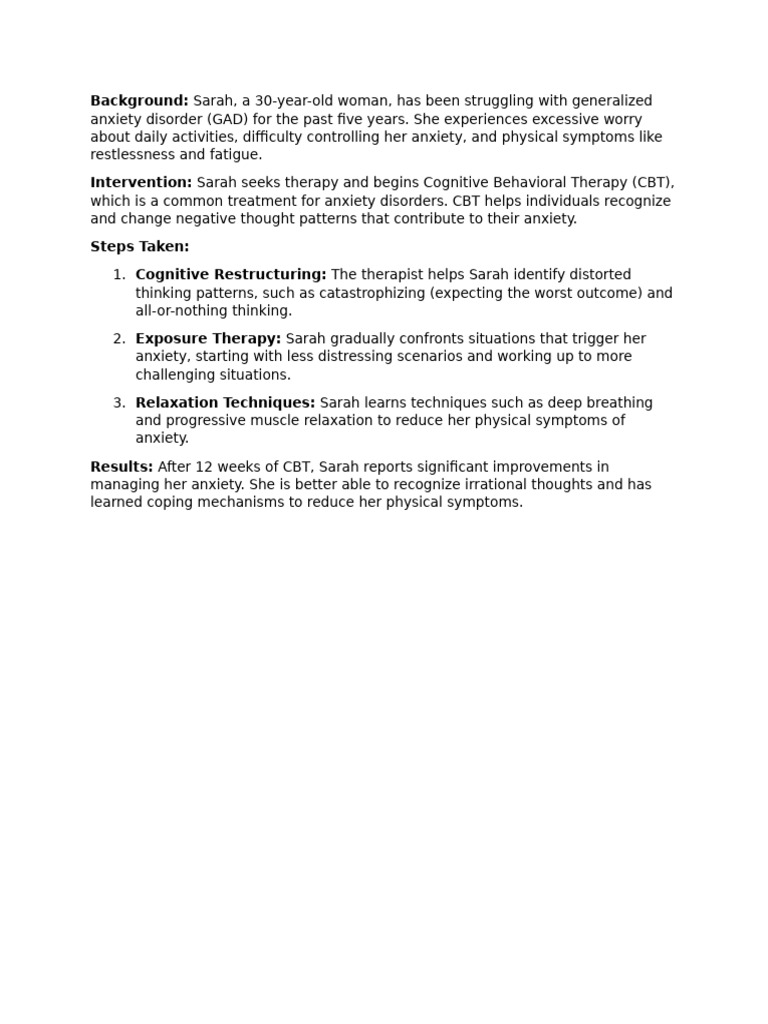 Case Study Cognitive Behavioral Therapy (CBT) for Treating Anxiety | PDF