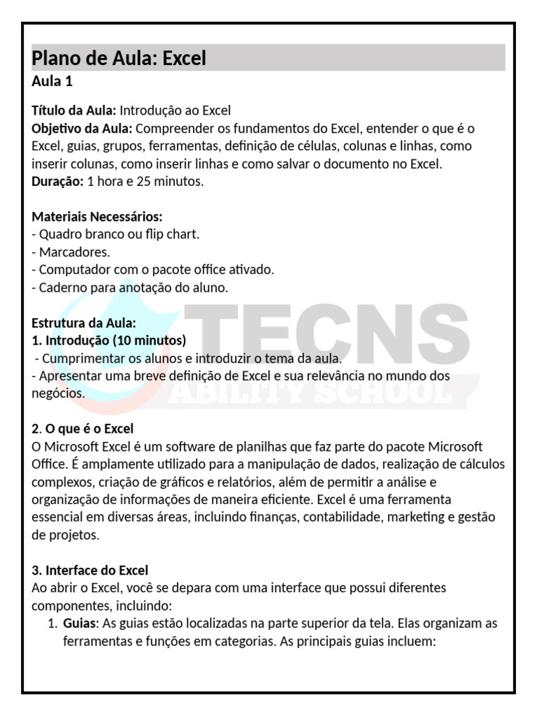 Plano de Aula - Aula 1 (Excel) | PDF | Microsoft Excel | Informática