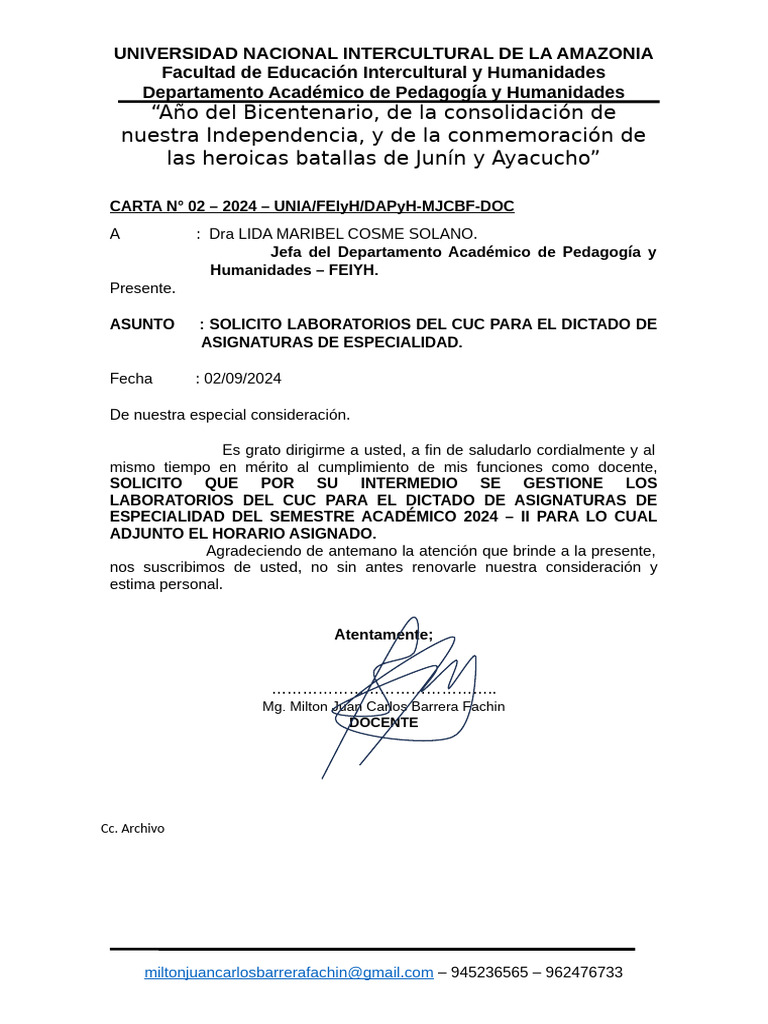 CARTA #02 - 2024 - UNIA - FEIyH (2) - Solicito Laboratorio Cuc | PDF