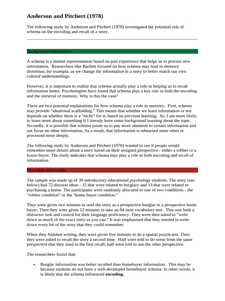 Anderson-and-Pitchert | PDF | Schema (Psychology) | Recall (Memory)