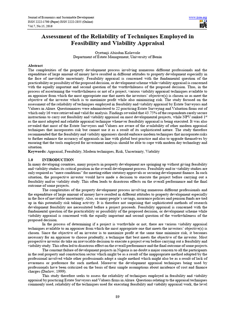 Reliability of Feasibility Appraisal Techniques | PDF | Internal Rate ...