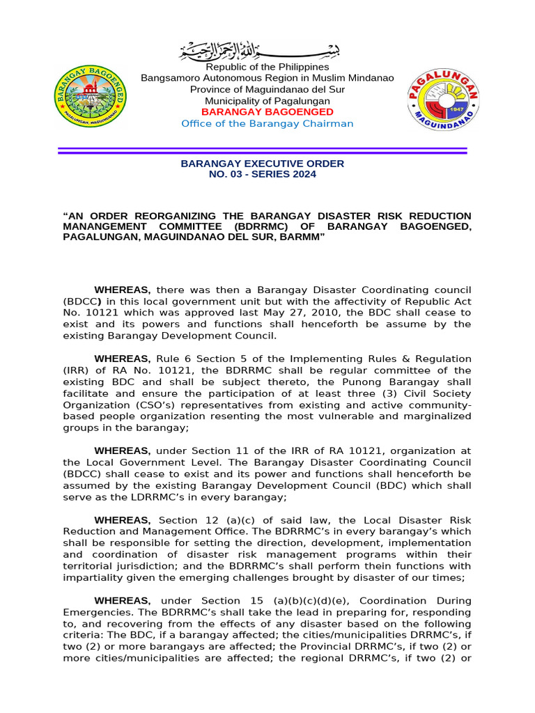 Barangay Bagoenged Creation of BDRRM EO 2024 | PDF | Emergency ...