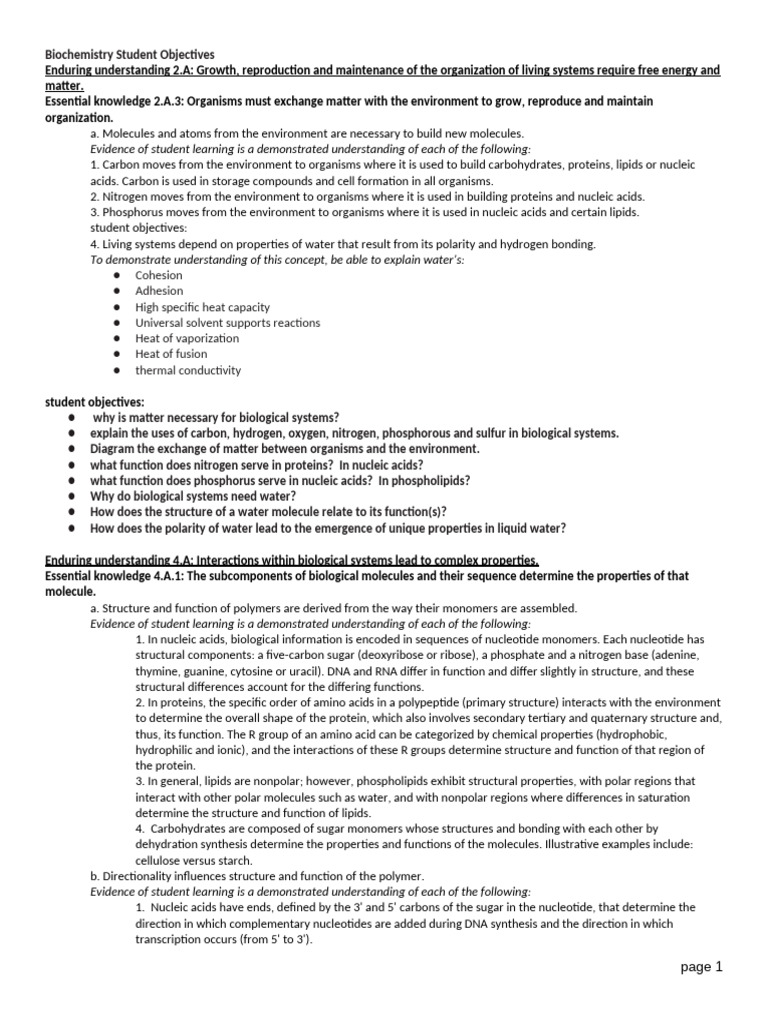 Unit 1 - Biochemistry Review Sheet | PDF | Nucleotides | Proteins