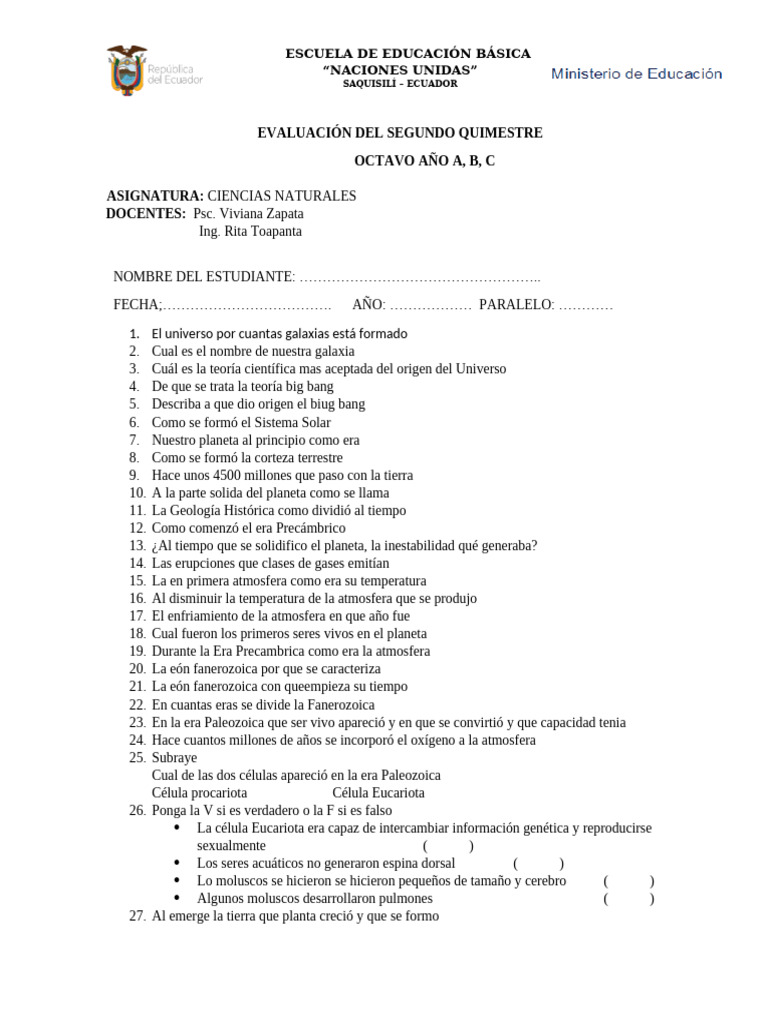 1era EVALUACIÓN PARCIAL 1Q EESS 8vo | PDF | Reptil | Tierra