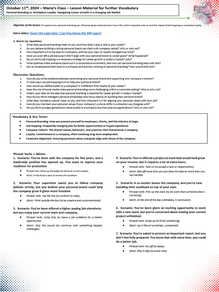 Lesson Vocabulary - Personal Branding and Job Hopping | PDF | Brand ...
