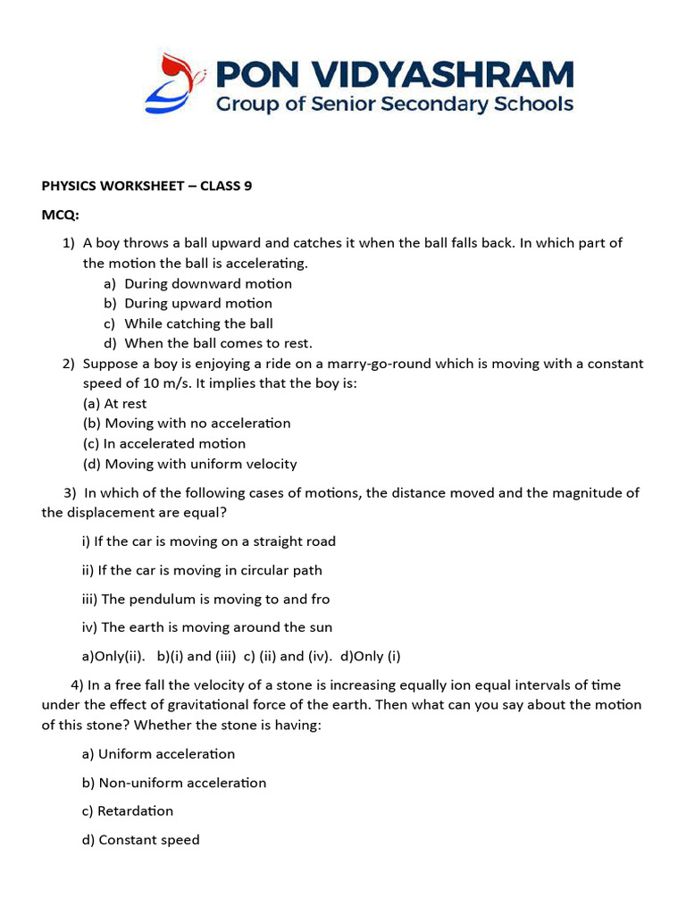 Class 9 Physics MCQ Worksheet | PDF