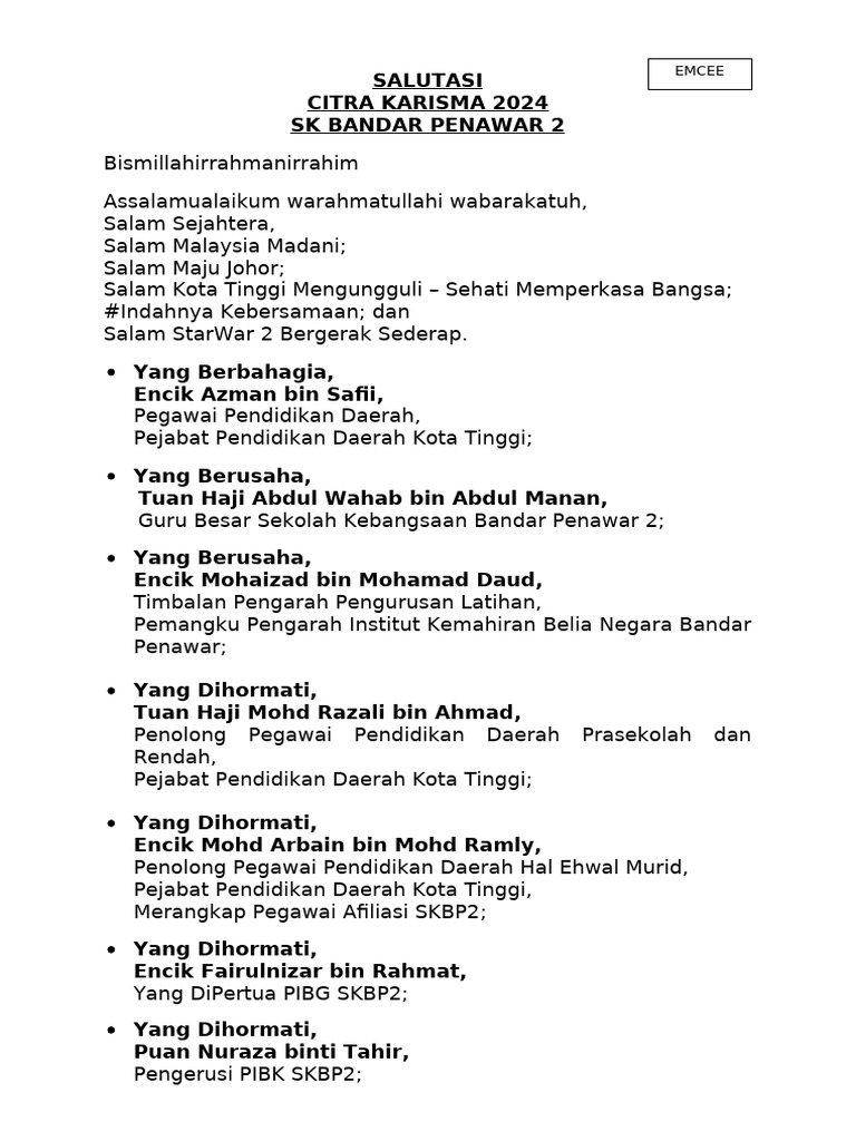 Salutasi Emcee - Taklimat Prasekolah 2025 SKBP2 | PDF