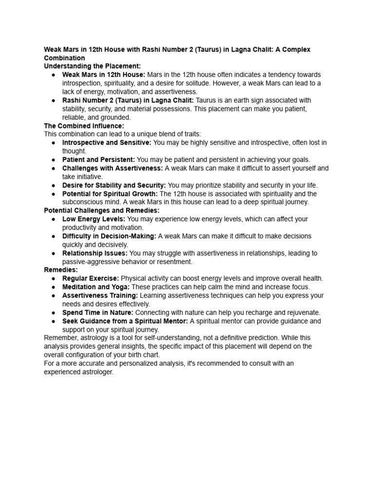 Weak Mars With Rashi Number 2 in 12th House in Lag... | PDF | Motivational | Motivation
