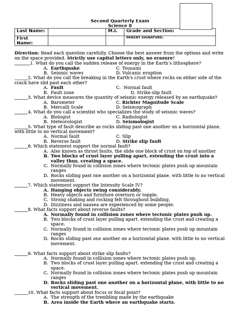 Science 8. q2 Exam | PDF | Earthquakes | Fault (Geology)
