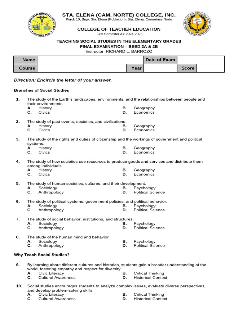 Teaching Social Studies Elementary Final Exam | PDF | Constructivism (Philosophy Of Education ...