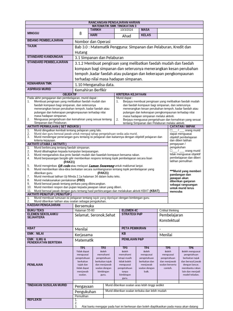 RPH SMK Minggu 8 Matematik Tingkatan 3 2024 2025 by Cikgu Gorgeous | PDF