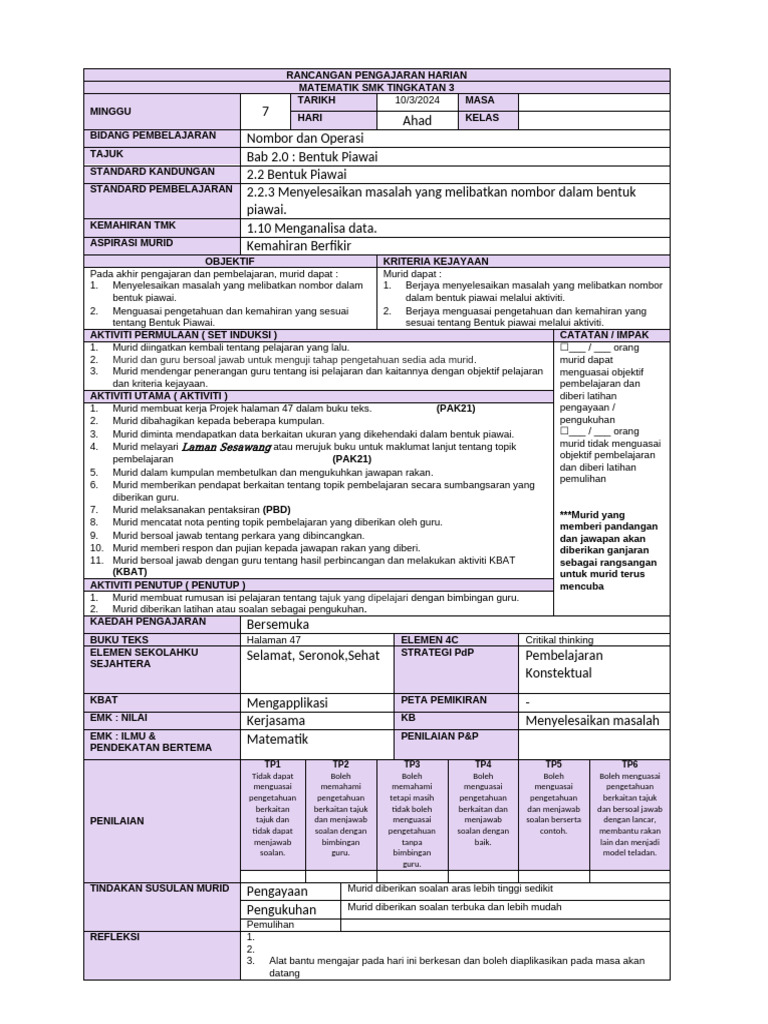 RPH SMK Minggu 7 Matematik Tingkatan 3 2024 2025 by Cikgu Gorgeous | PDF