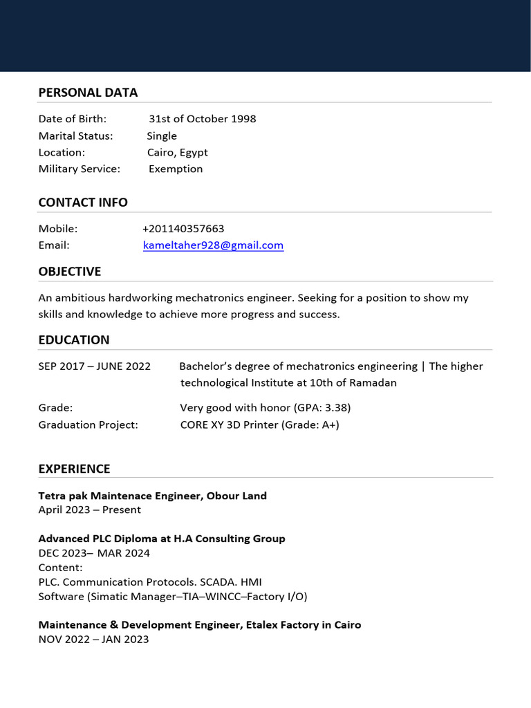 Mechatronics Engineer Resume - Kamel Taher | PDF