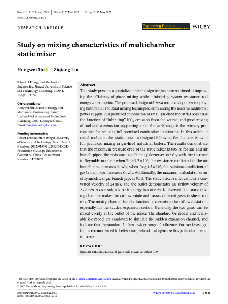Engineering Reports - 2023 - Shi - Study on mixing characteristics of ...