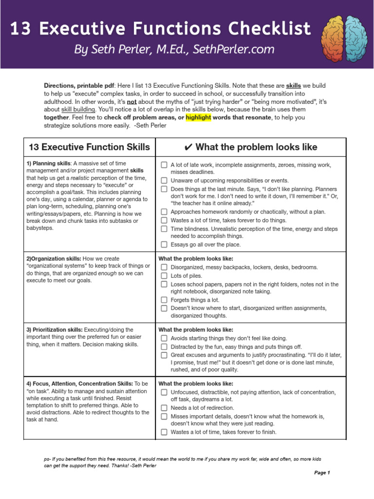 ExecutiveFunctionChecklist.SethPerler.com_ | PDF | Emotions | Self ...