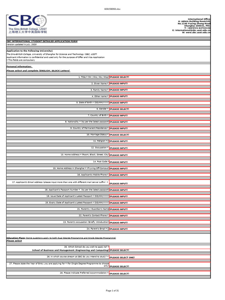SBC Application Form for International Students | PDF | Engineering ...