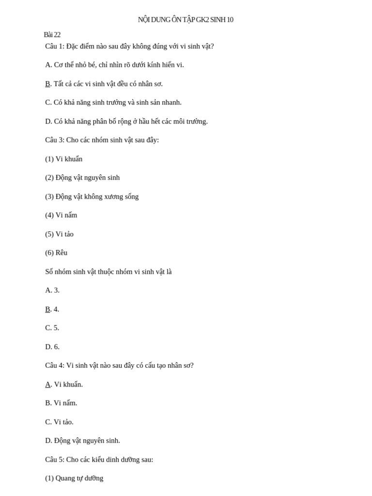 Nội Dung Ôn Tập GK2 Sinh 10 | PDF