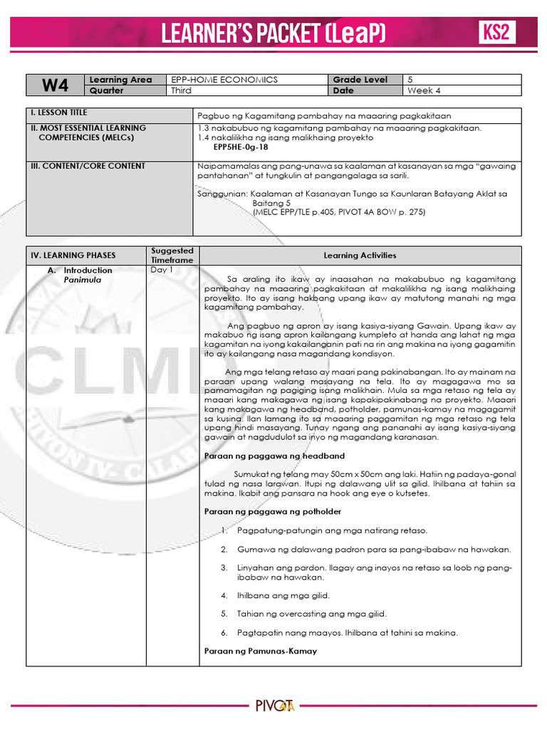 Learning Area Grade Level Quarter Date: Epp-Home Economics 5 Third Week 4 | PDF