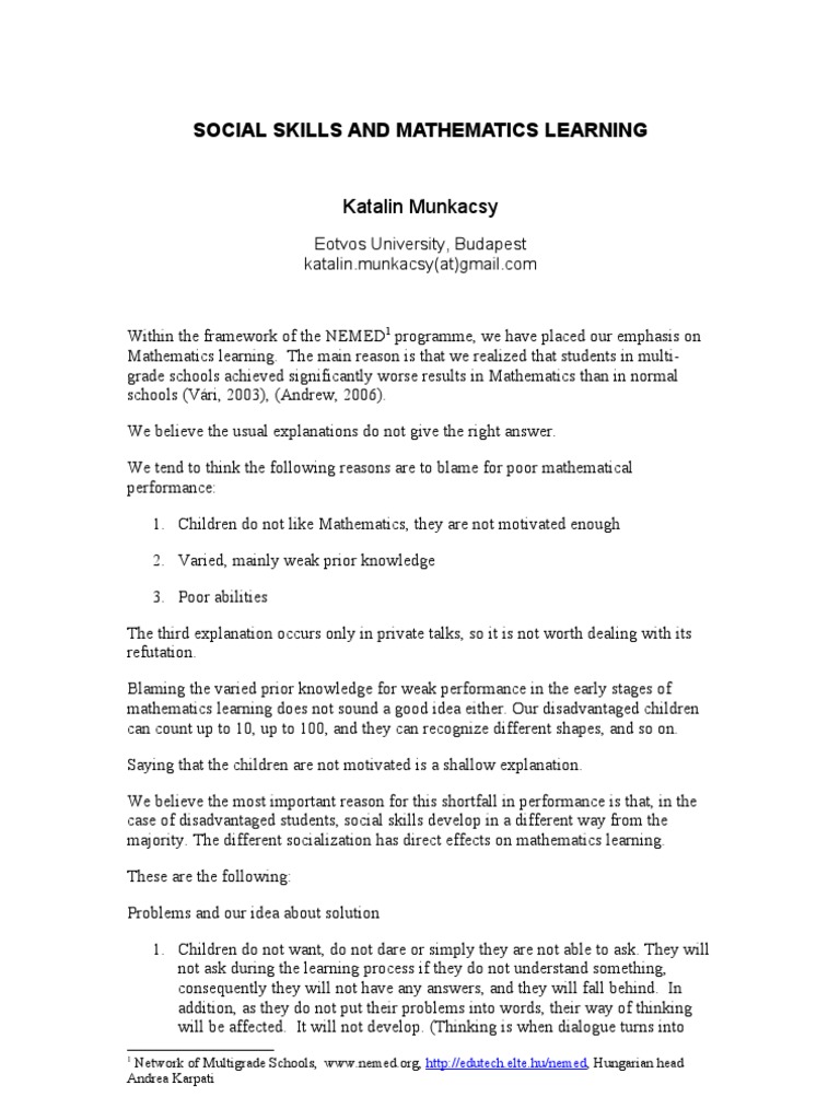Social Skills in Math Education | PDF