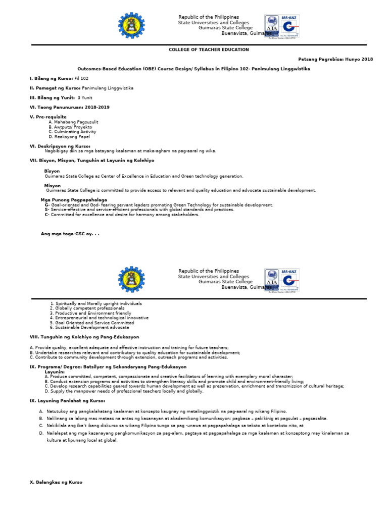 Course Syllabus Sa Panimulang Linggwistika (Cte) | PDF