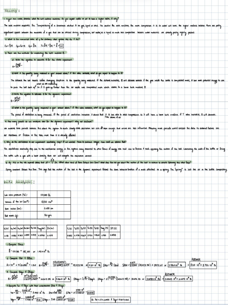 PHYS151L Bulk Modulus Worksheet | PDF
