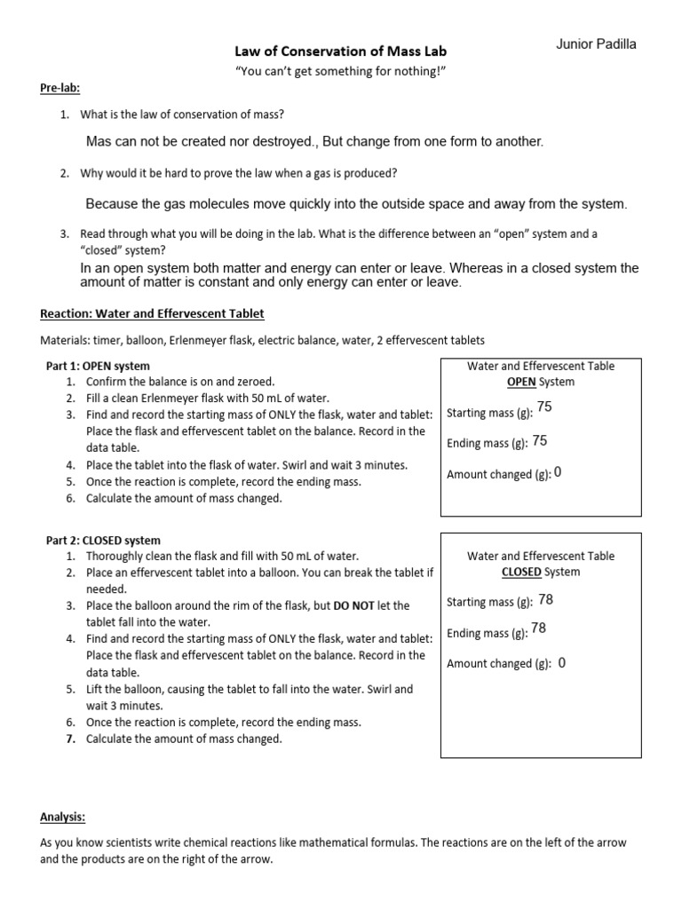 Conservation of Mass Lab Experiment | PDF | Sodium Bicarbonate | Chemistry
