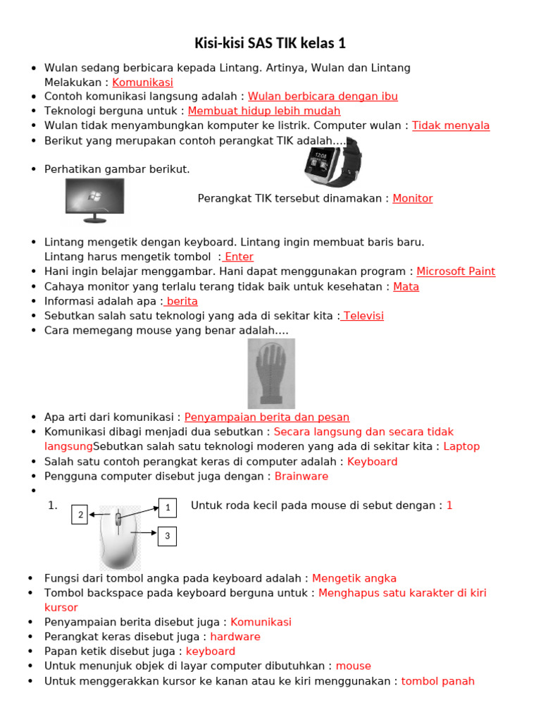 Kisi-Kisi SAS TIK Kelas 1 | PDF