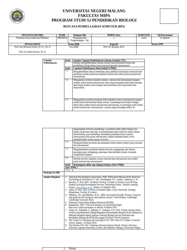 RPS Penulisan Karya Ilmiah dan Publikasi Semester Gasal 2023-2024 | PDF