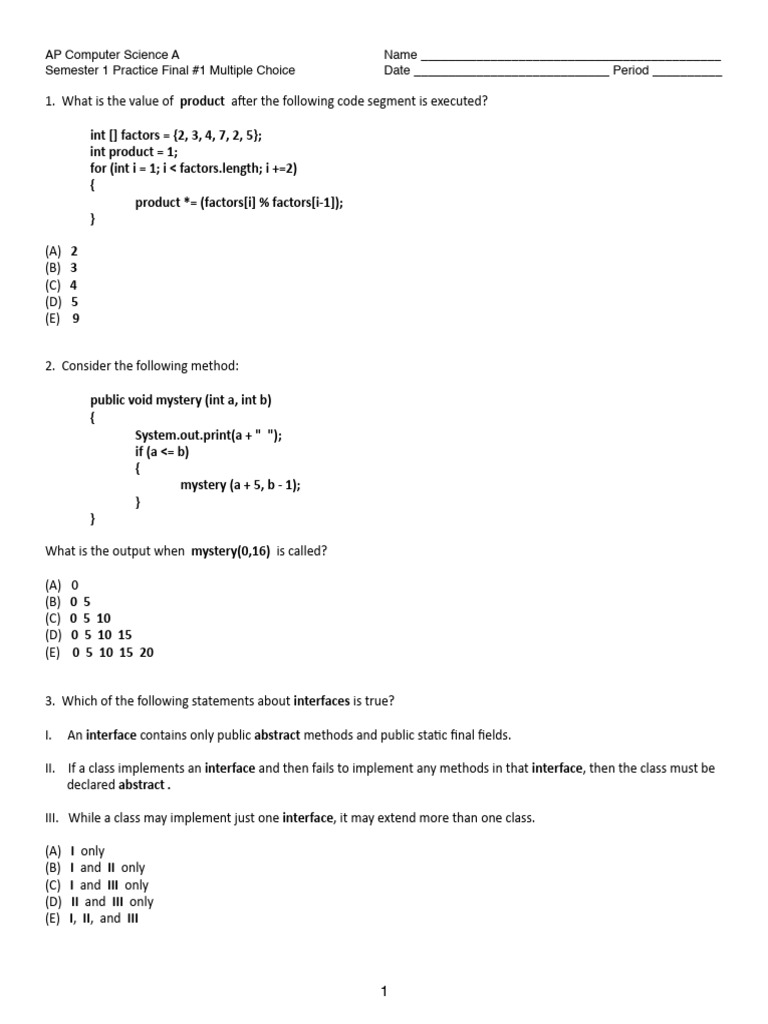Sem 1 Practice Final 1-2016 | PDF | Method (Computer Programming) | Class (Computer Programming)