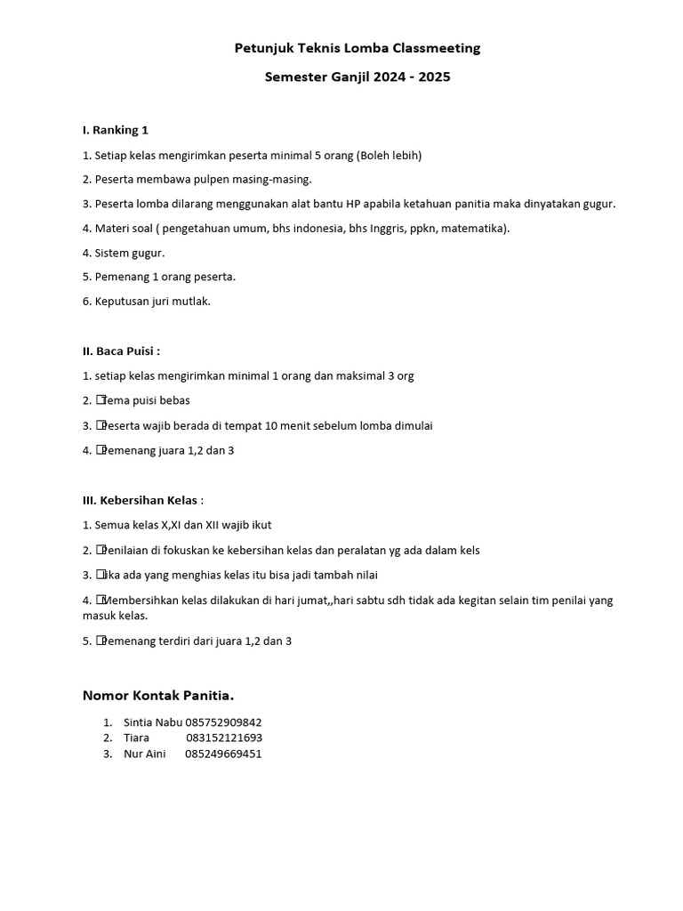 Petunjuk Teknis Lomba Classmeeting Ganjil 2024 | PDF