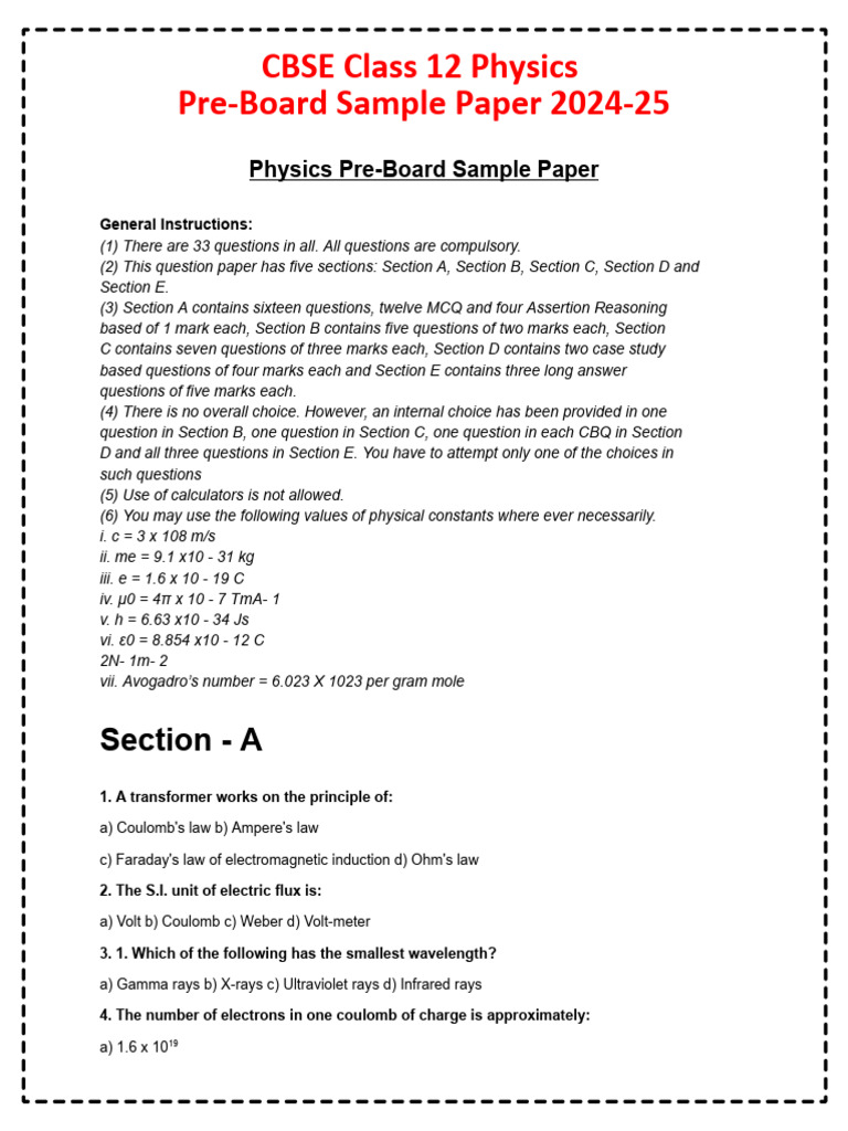 CBSE Class 12 Physics Sample Paper | PDF | Physical Quantities ...