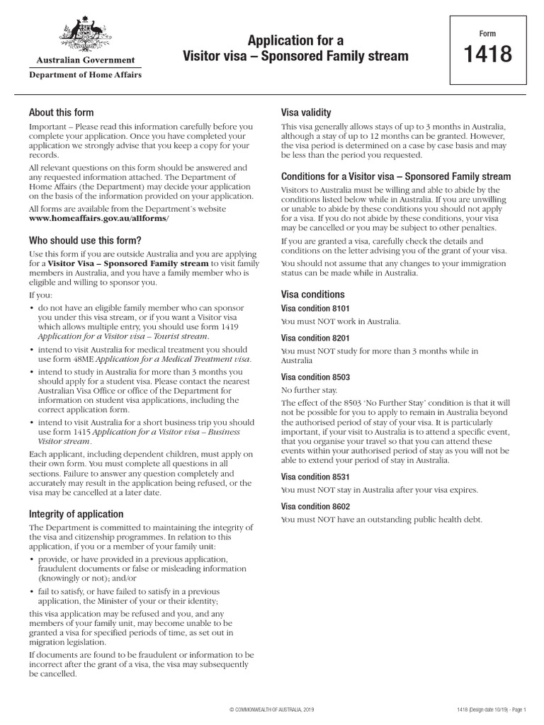 1418 Application For A Visitor Visa Sponsored Family Stream | PDF ...