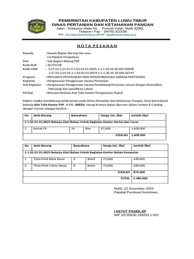 Nota Pesanan Atk 22 Des Green | PDF