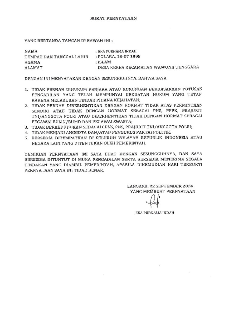 Pernyataan 5 Poin Eka Purnama Indah | PDF