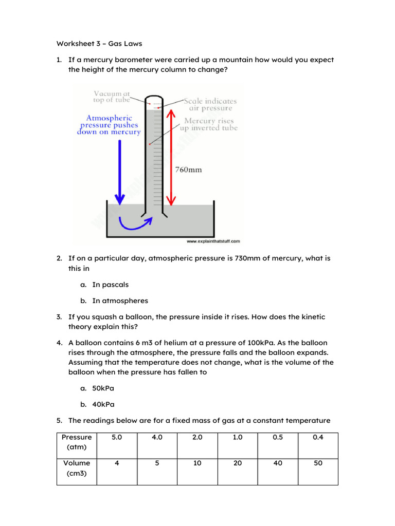 Gas Laws Worksheet and Experiments | PDF