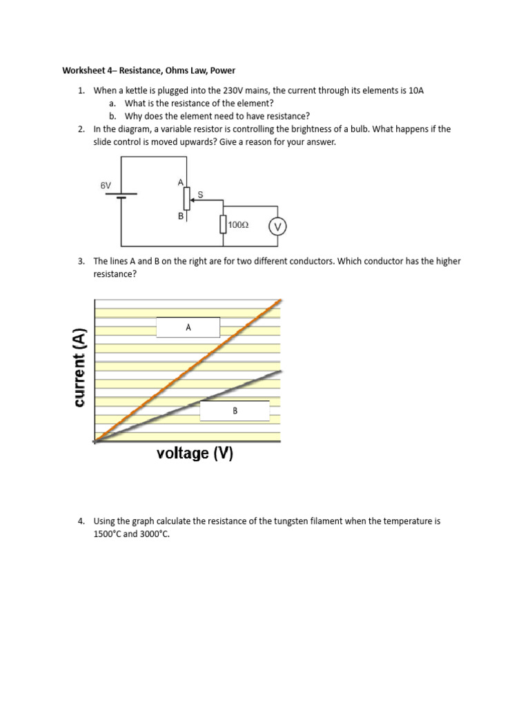 Worksheet 4 - Resistance, Ohms Law and Power | PDF