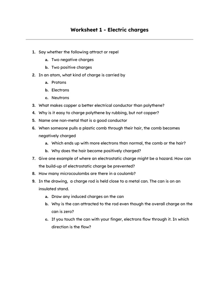Worksheet 1 - Electric Charge | PDF