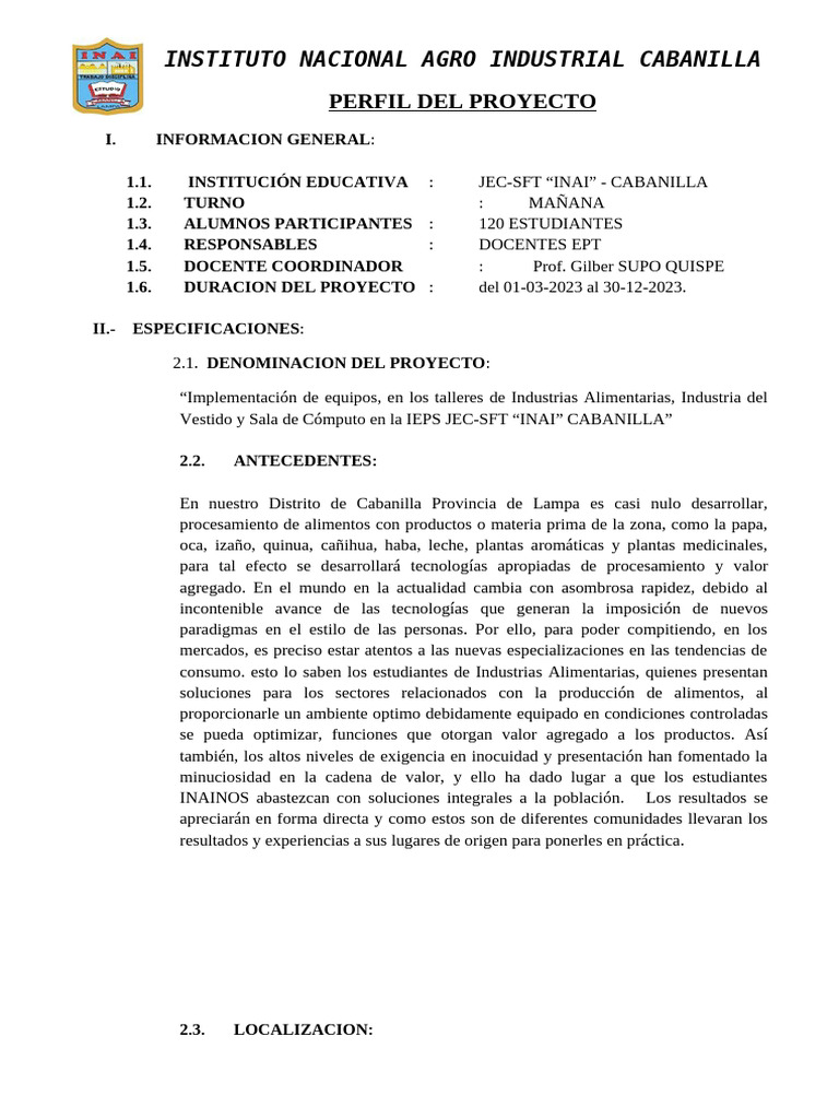Perfil de Proyecto Ept. Inai - 2023 | PDF | Industria de alimentos