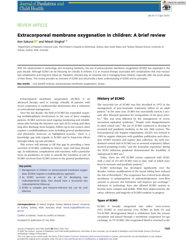 J Paediatrics Child Health - 2022 - Sakurai - Extracorporeal Membrane Oxygenation in Children a ...