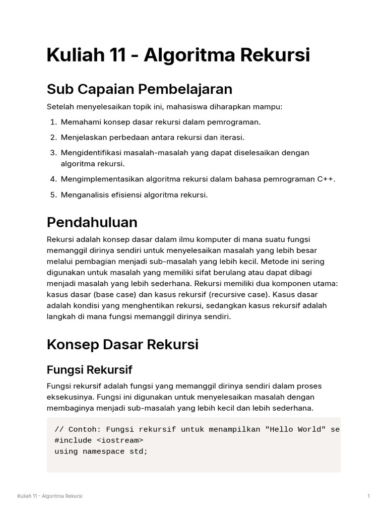 Kuliah 11 - Algoritma Rekursi | PDF