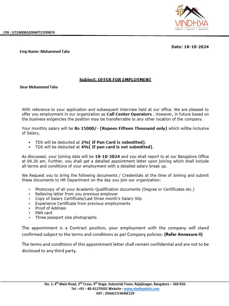 Mohammed Taha Offer Letter | PDF | Private Law | Government