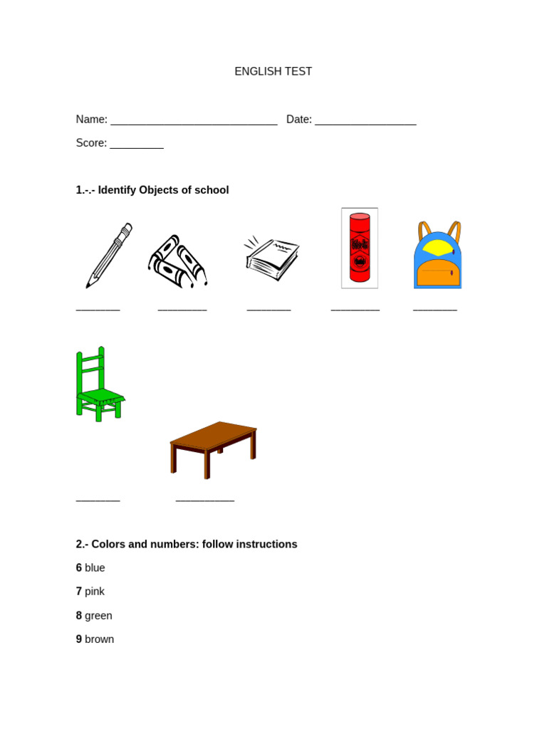 English Test: Objects, Colors, Body Parts | PDF