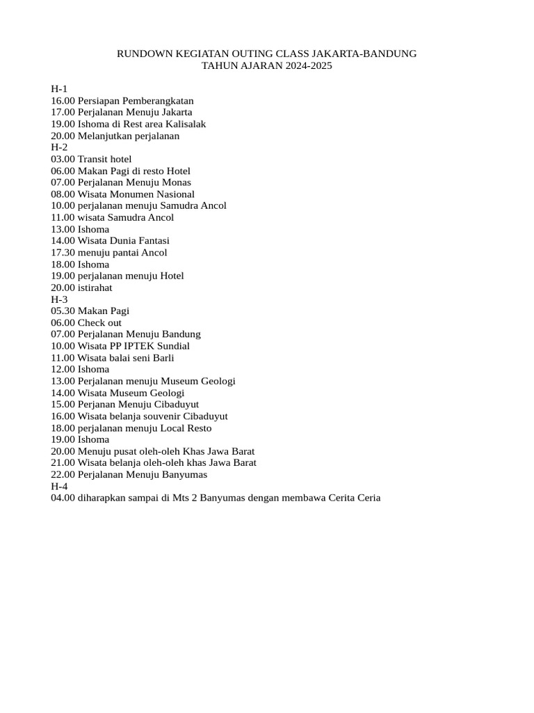 Rundown Kegiatan Outing Class Jakarta | PDF