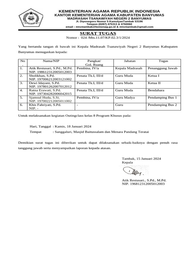 Surat Tugas Outing Class PK 8 Ke SANGGALURI | PDF