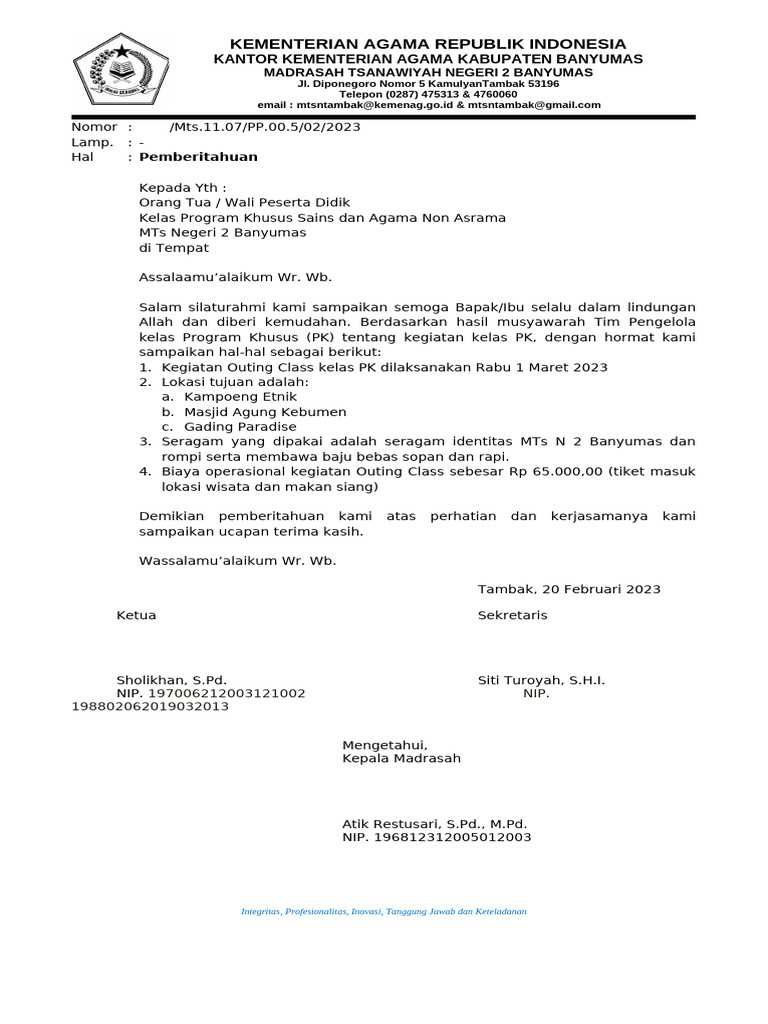 Surat Pemberitahuan Outing PK7 Ganjil | PDF