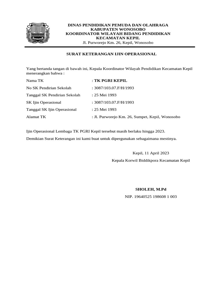 SURAT KETERANGAN IJIN OPERASIONAL | PDF