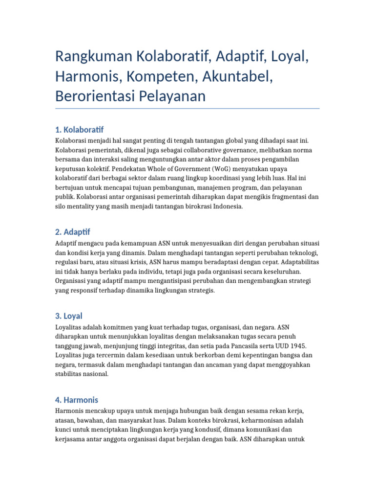 Rangkuman Kolaboratif Adaptif Loyal Harmonis Kompeten Akuntabel Berorientasi Pelayanan | PDF