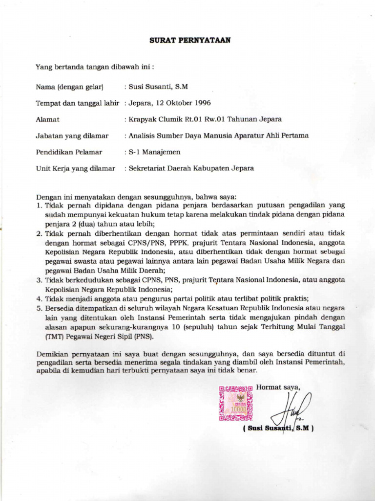 Surat Pernyataan Bermaterai | PDF